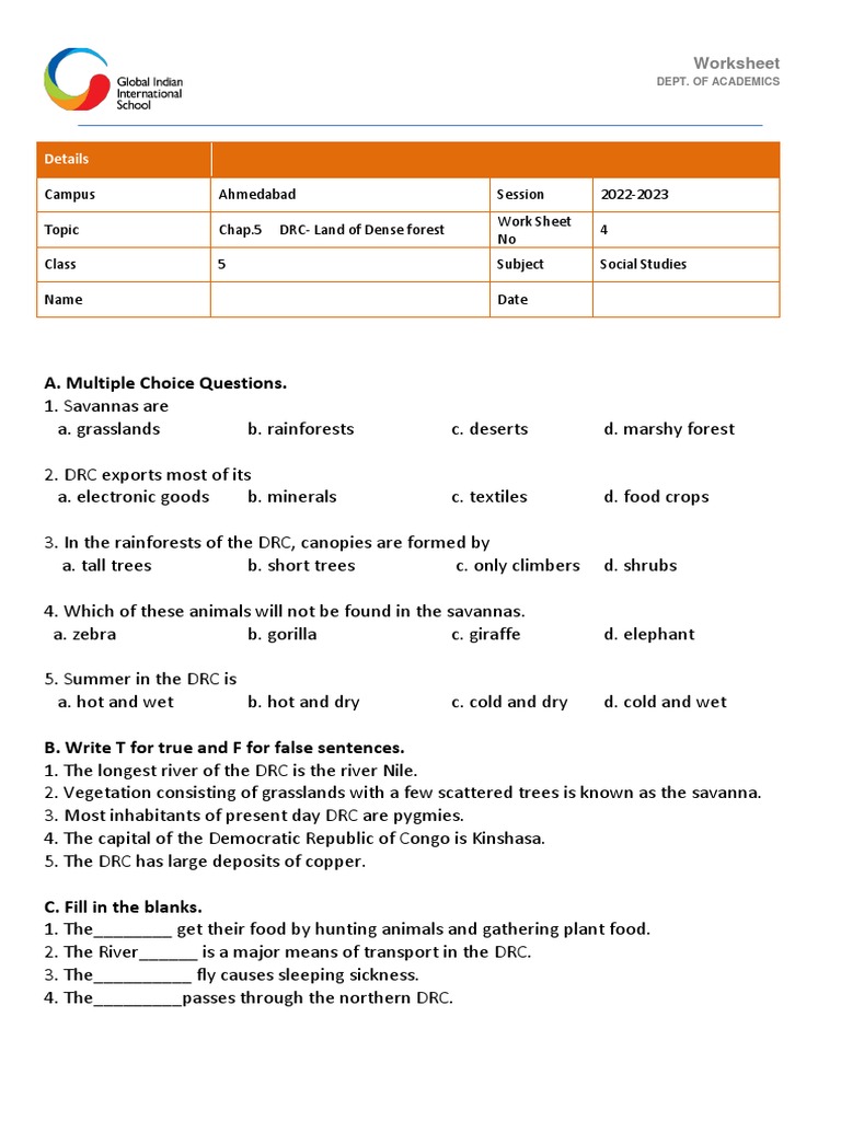 REVISION WORKSHEET 4 Chap. 5 DRC The Land of Dense Forests | PDF REVISION WORKSHEET 4 Chap. 5 DRC The Land of Dense Forests | PDF