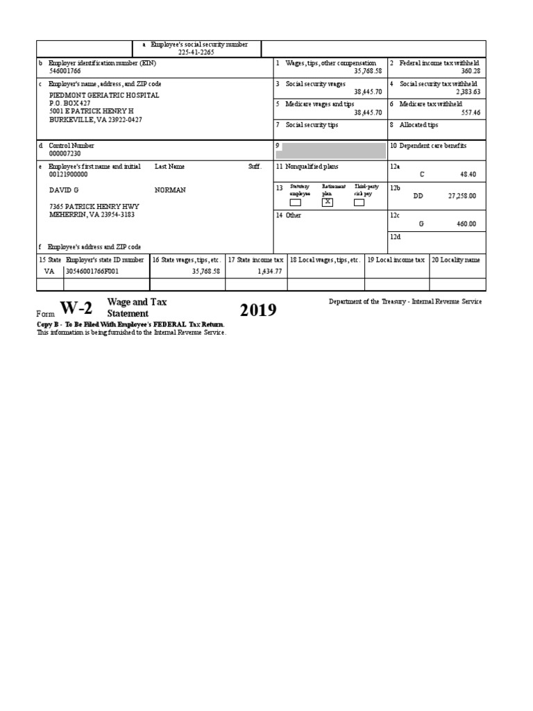 Wage and Tax Statement: Copy B - To Be Filed With Employee's FEDERAL ...