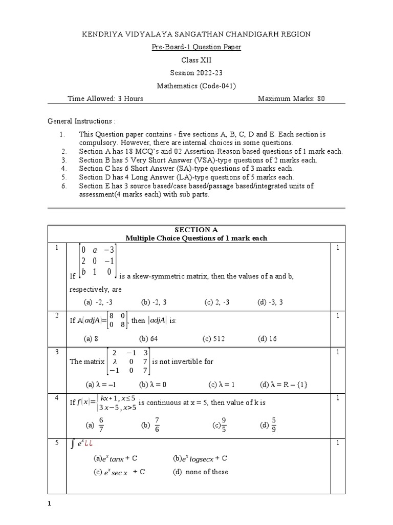 Class XII Mathematics Pre-Board Paper | PDF | Equations | Area