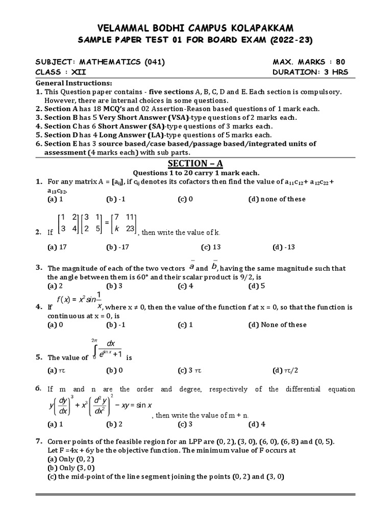 Class 12 Maths Sample Paper 2022-23 | PDF | Equations | Maxima And Minima