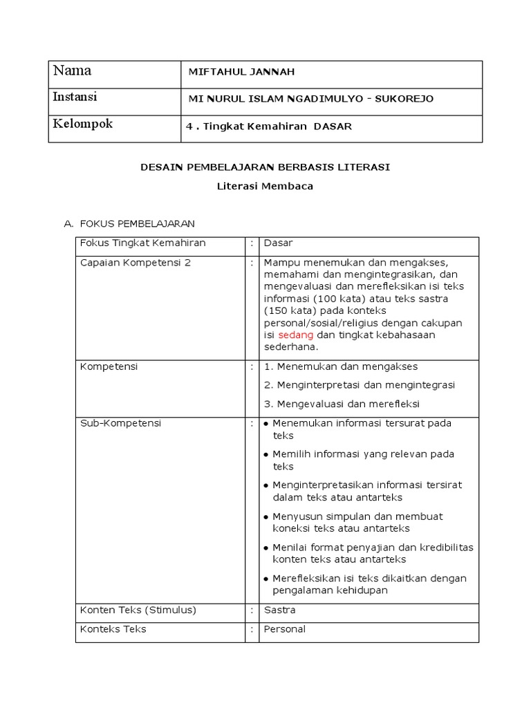 Format Desain Pembelajaran Literasi Membaca | PDF