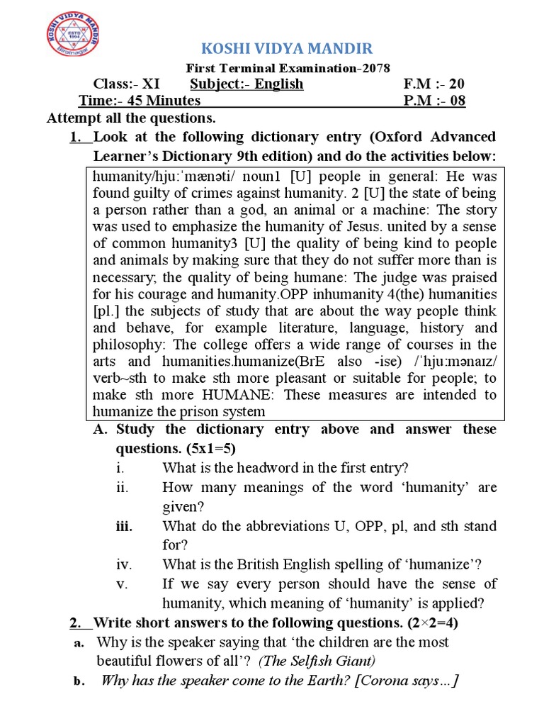 Eng.11 - KVM - First Term Exam-2078 | PDF | English Language | Adverb
