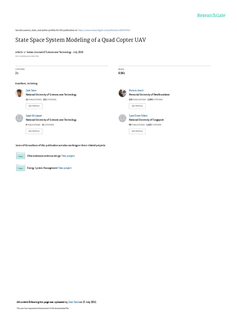 State Space System Modeling Of A Quadcopter Uav Download Free Pdf Helicopter Rotor Quadcopter