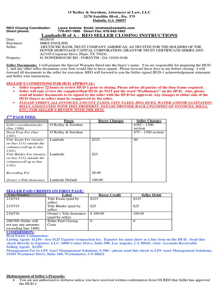 Landsafe/B of A - Reo Seller Closing Instructions | PDF | Title ...