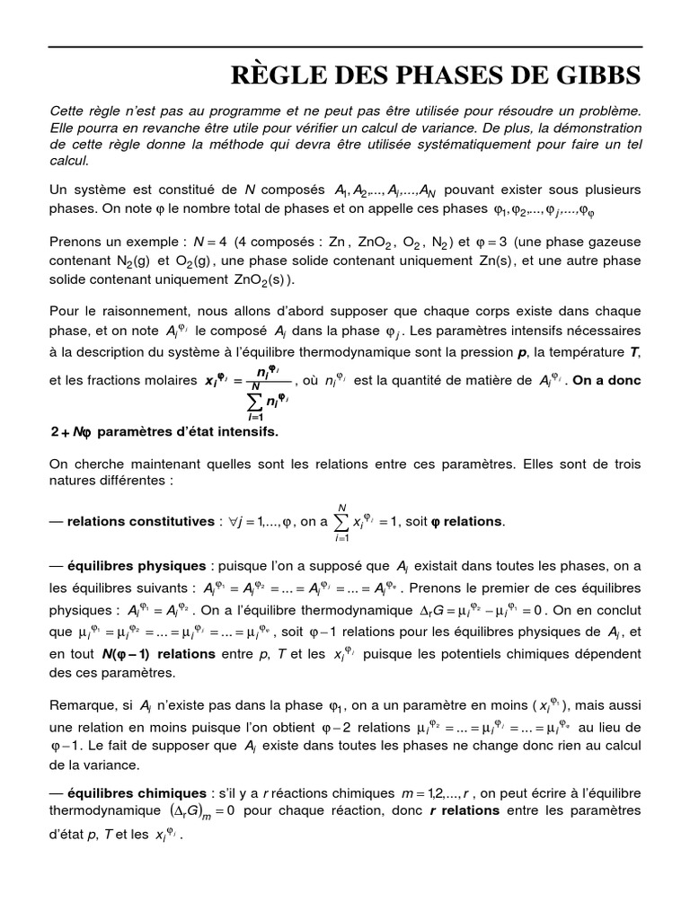 Règle des Phases de Gibbs en Thermodynamique | PDF | Règle des phases ...