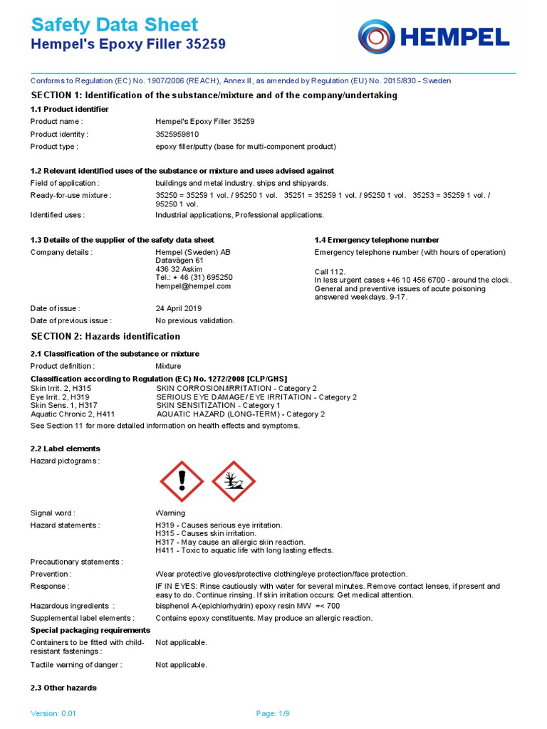 Hempels Epoxy Filler 35259 59810 | PDF | Toxicity | Epoxy