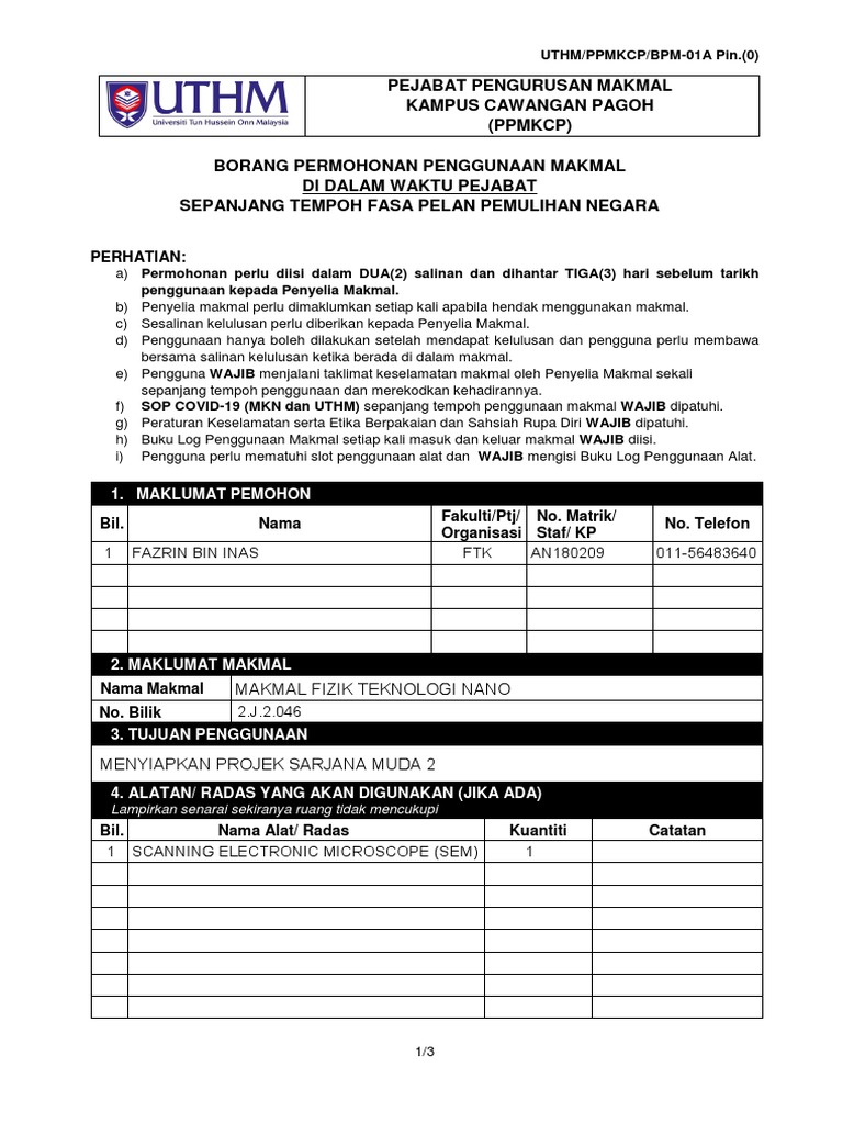LAB FIZIK NANO Borang Permohonan Penggunaan Makmal (Signed) | PDF