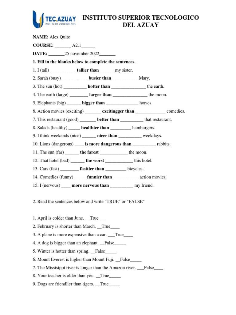 TASK 1. COMPARATIVE ADJECTIVES. Alex Quito | PDF