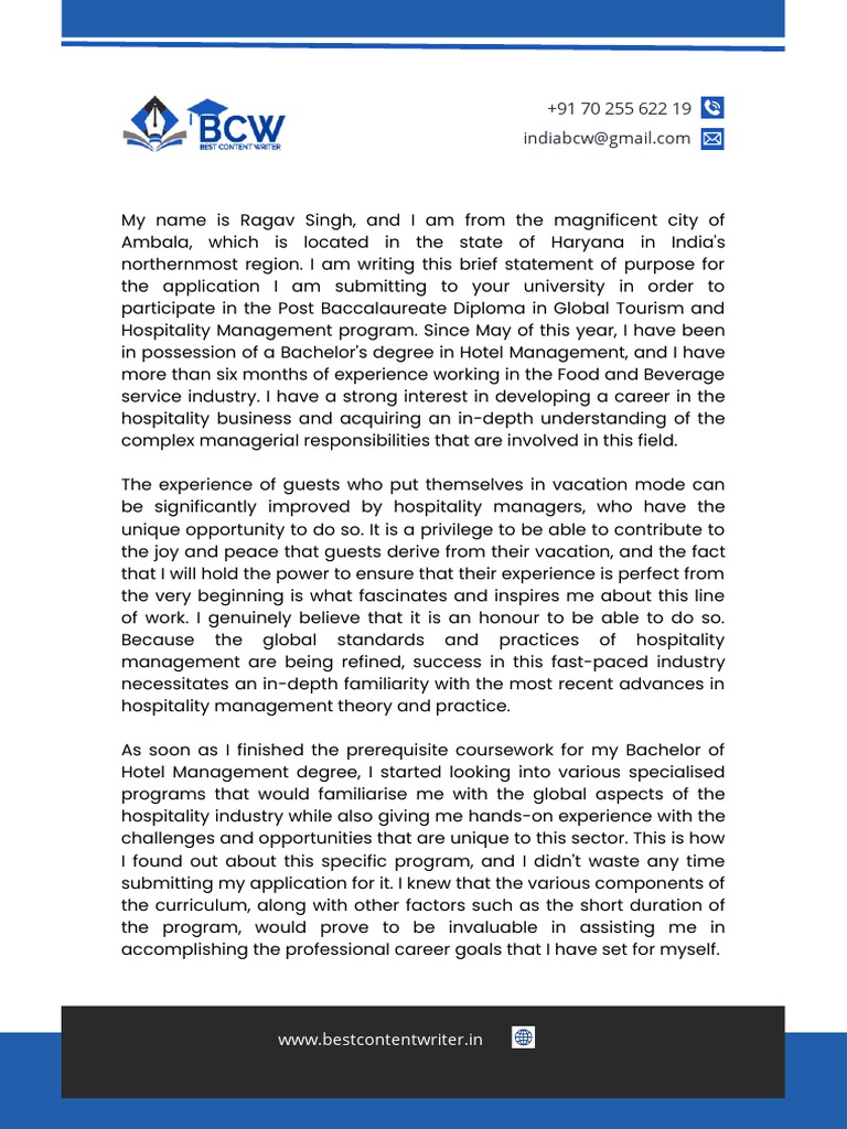 Sample Sop For Tourism and Hospitality Management | PDF | Tourism ...