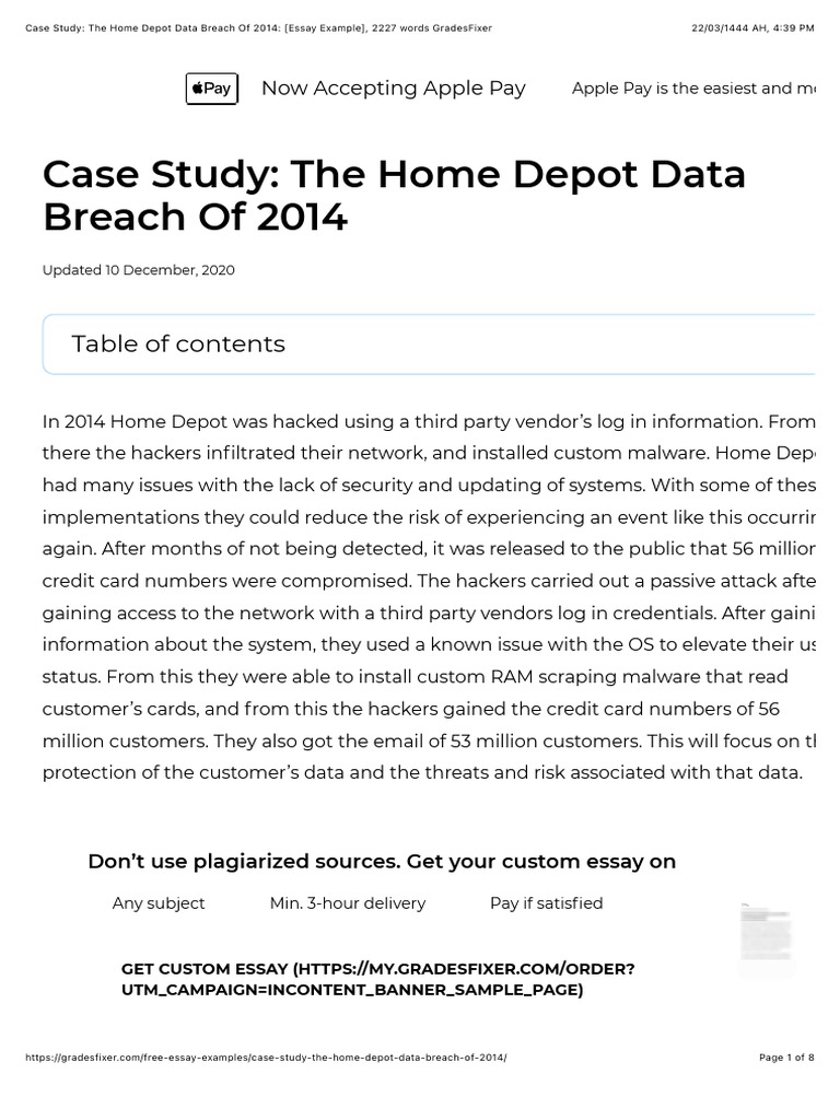 Case Study - The Home Depot Data Breach of 2014 - (Essay Example), 2227 ...