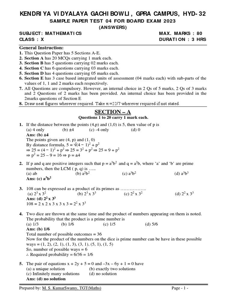 Maths Class X Sample Paper Test 04 For Board Exam 2023 Answers 1 | PDF ...