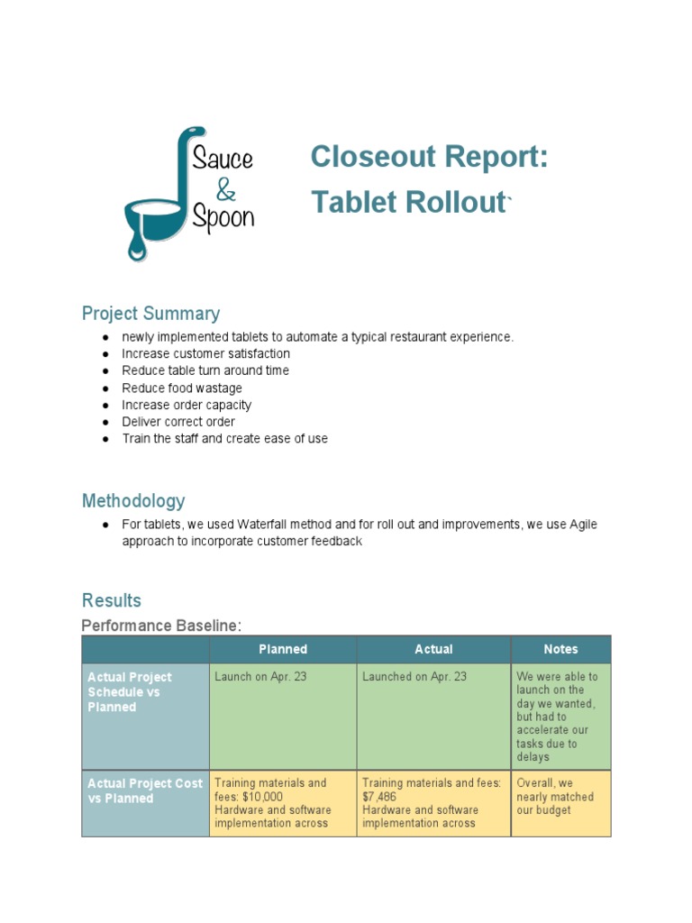 Tablet Rollout Project Closeout Report | PDF | Point Of Sale | Menu