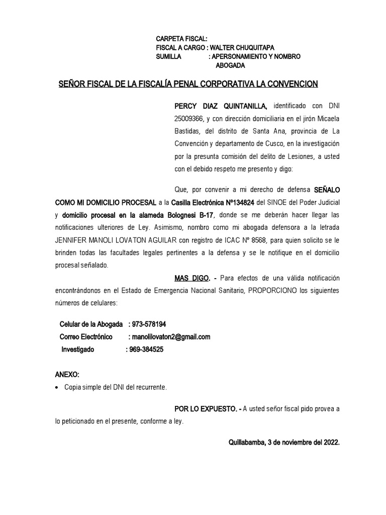 Apersonamiento Fiscalia - Percy Diaz | PDF