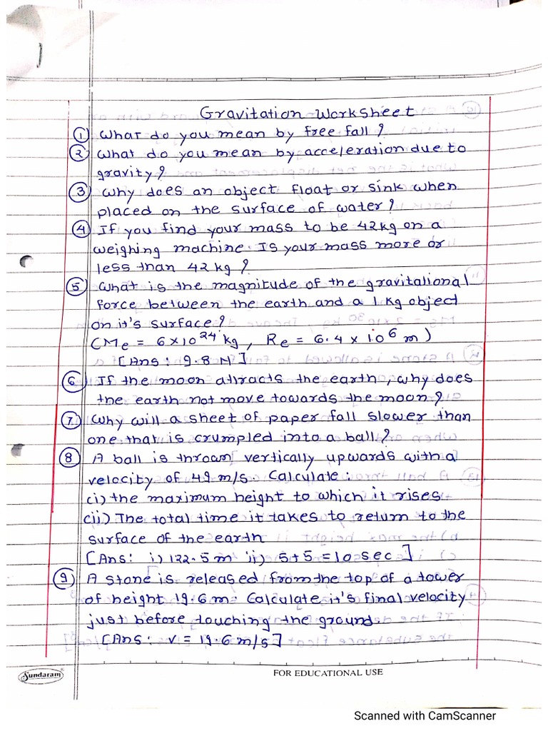 Gravitation Worksheet | PDF