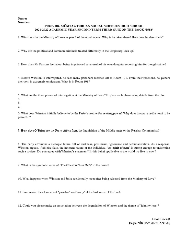 Analysis of George Orwell's 1984: A Third Term Quiz on the Classic ...