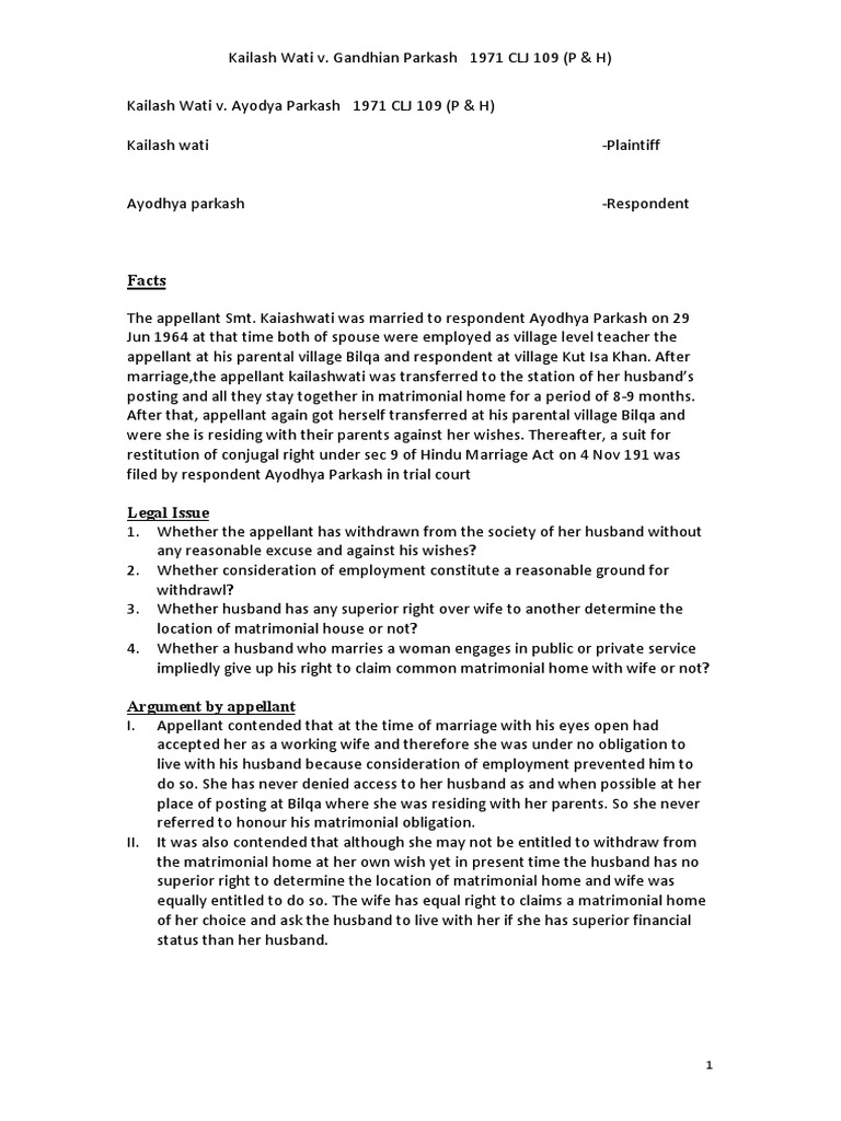 Kailash Wati Vs Ayodhya Parkash | PDF | Marriage | Wife