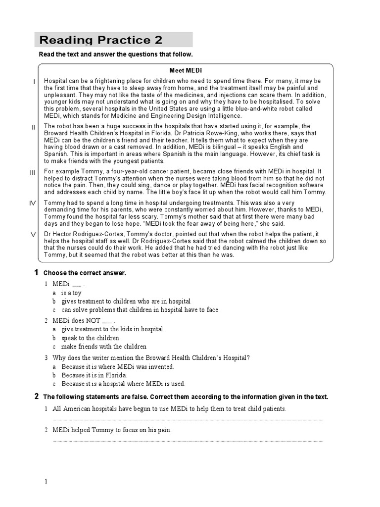 Reading Practice 2 | PDF | Hospital | Robot