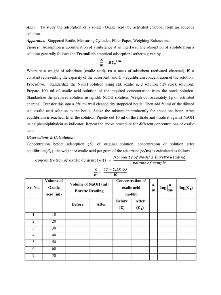 Oxalic Acid Adsorption on Charcoal | PDF | Adsorption | Acid