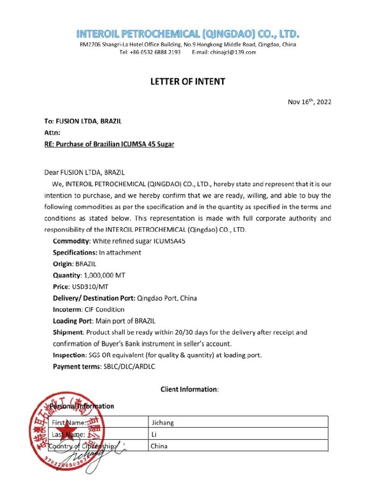 LOI - Interoil Petrochemical Group | PDF
