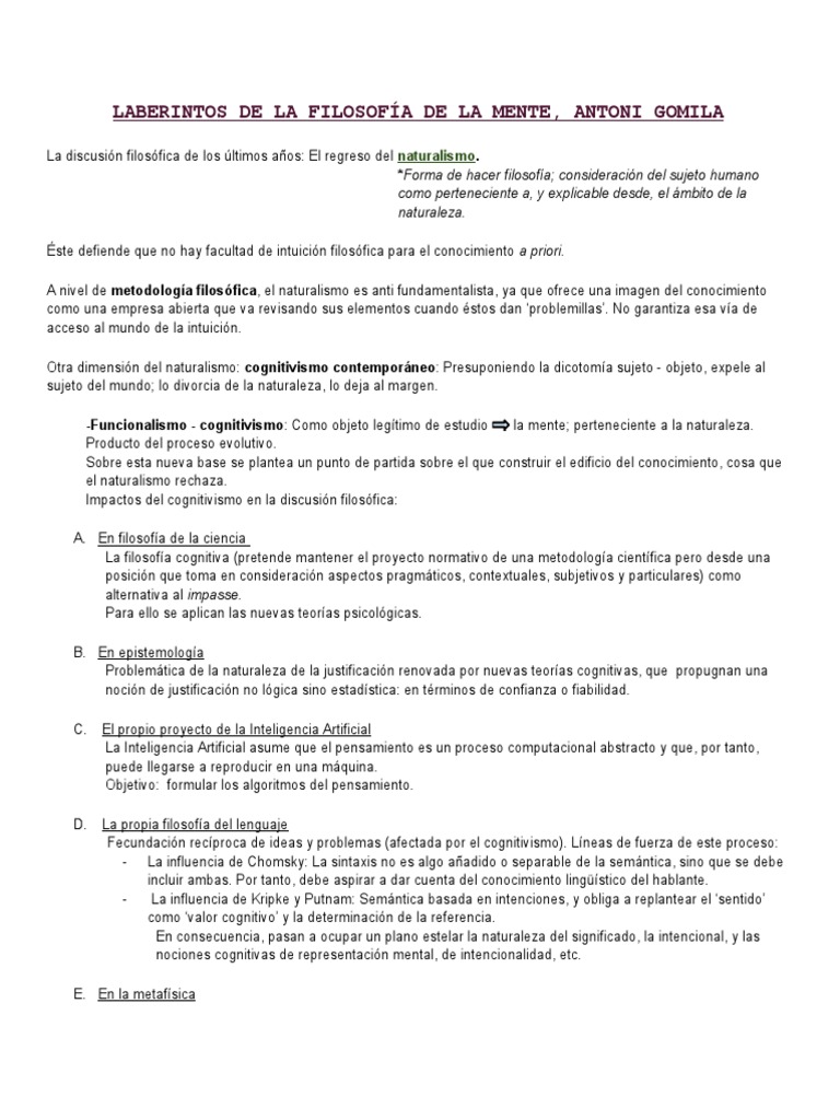 Resumen - Laberintos de La Filosofía de La Mente, Antoni Gomila | PDF | Psicología cognitiva ...