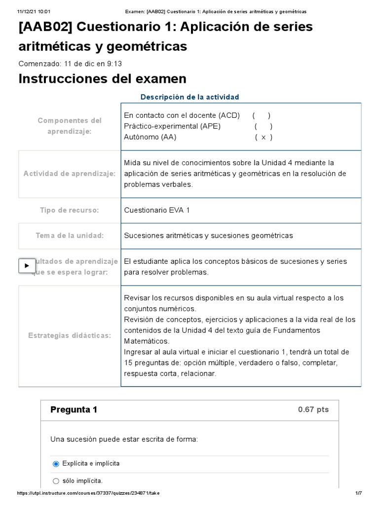 Examen - (AAB02) Cuestionario 1 - Aplicación de Series Aritméticas y Geométricas | PDF | Prueba ...