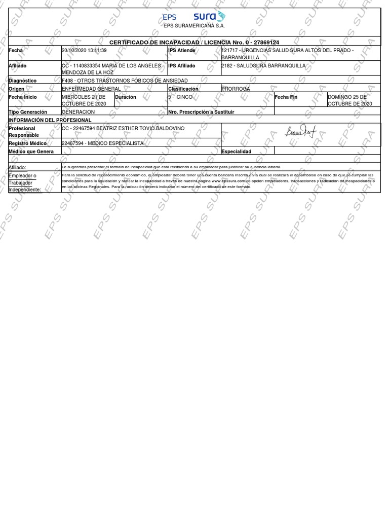 Incapacidad Sura Del 21 Al 25 Oct 2020 | PDF | Salud mental | Ciencias ...