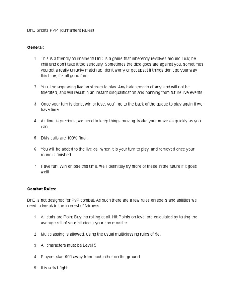 DND Shorts PVP Tournament Rules | PDF | Armour