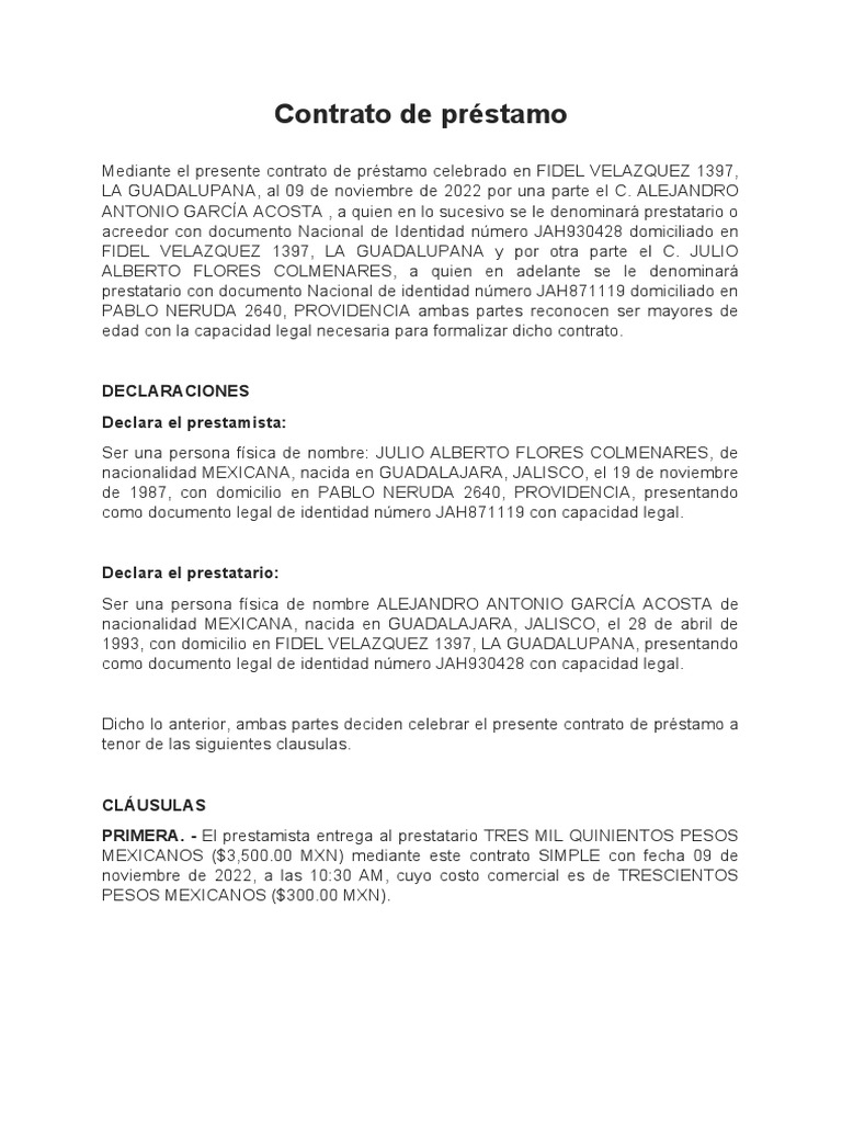 Contrato de Préstamo Personal | PDF