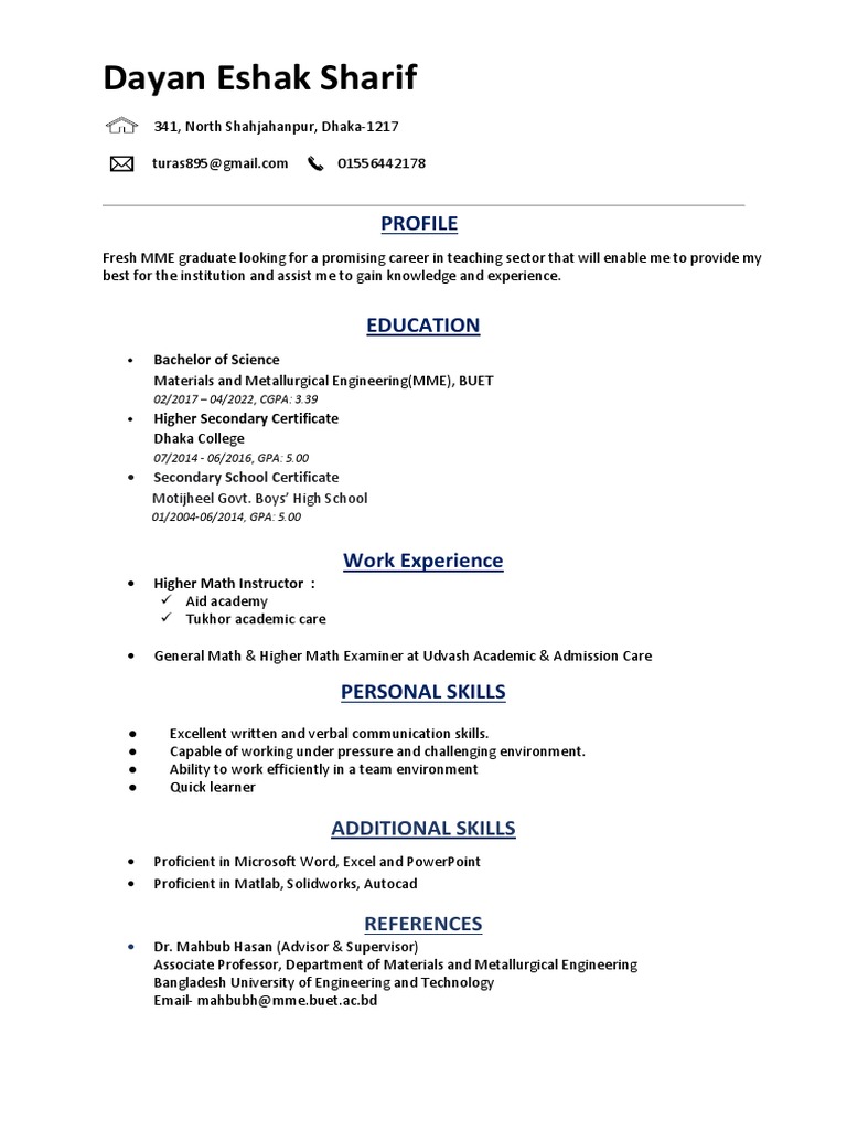 Dayan Eshak Sharif's CV For College | PDF