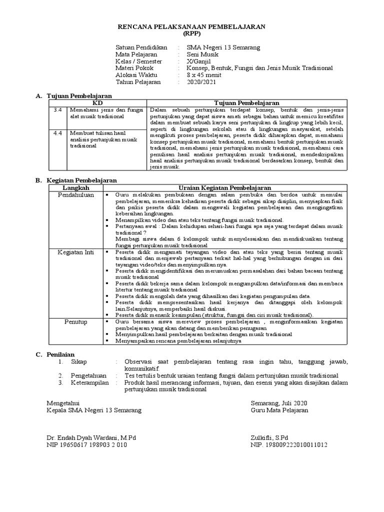 RPP Konsep, Bentuk, Fungsi Dan Jenis Musik Tradisional | PDF | Karier ...