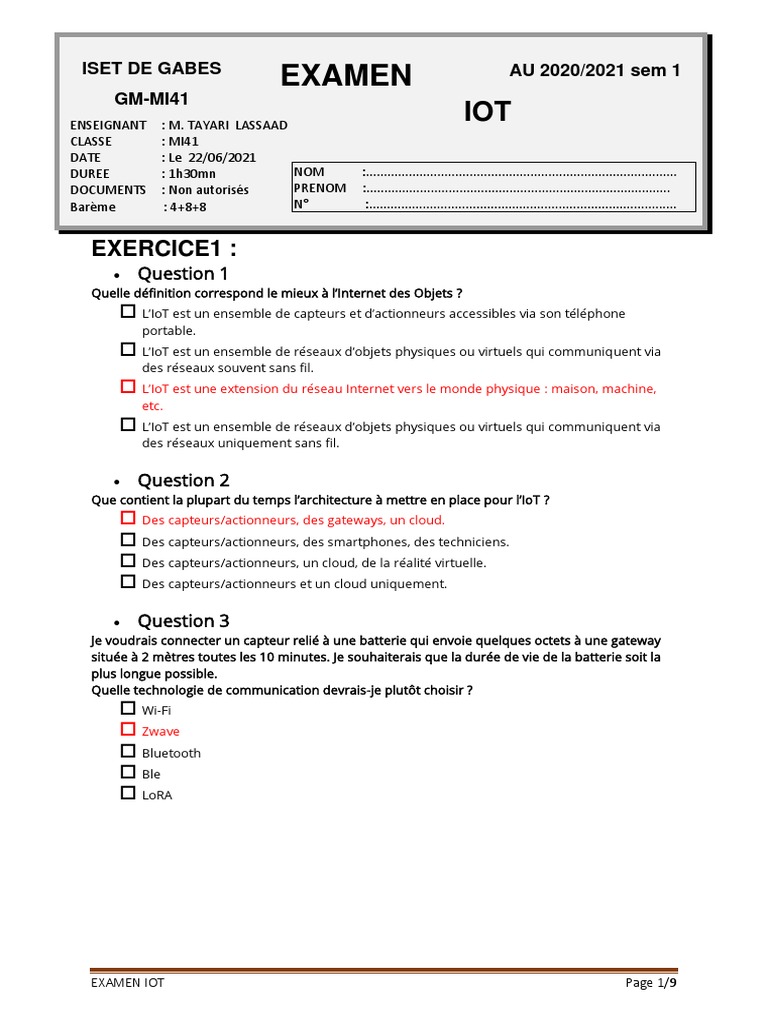 Exam IOT Janvier 2021 ISET-MI41-Corrigé | PDF | Internet des objets ...