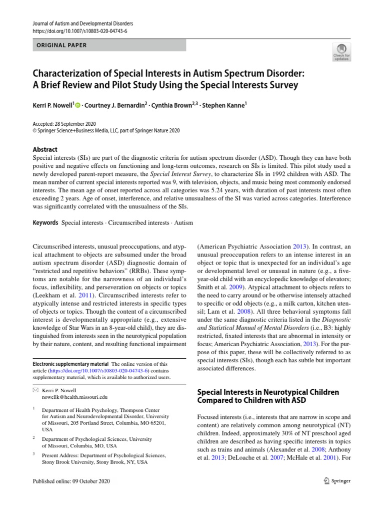 Characterization Of Special Interests In Autism Spectrum Disorder Pdf