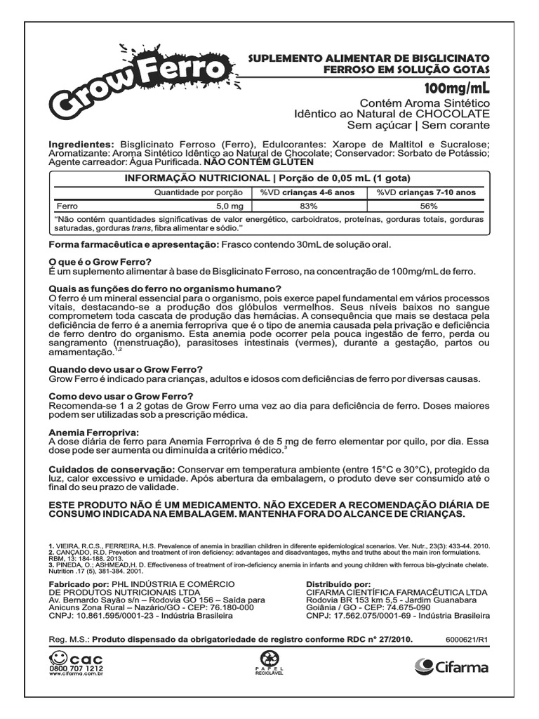 Suplemento ferro gotas chocolate sem açúcar | PDF | Ferro | Anemia