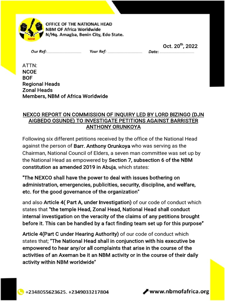 NEXCO Report On Commission of Inquiry Set Up To Investigate Petitions | PDF | Constitution | Justice