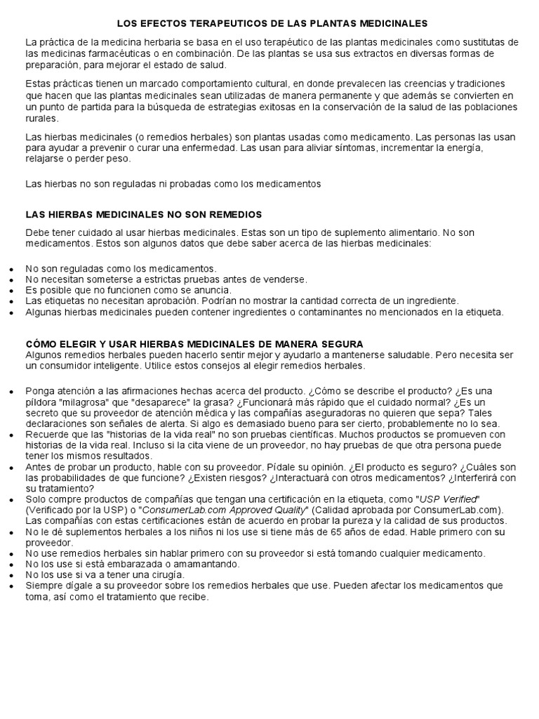 Los Efectos Terapeuticos De Las Plantas Medicinales Pdf Plantas