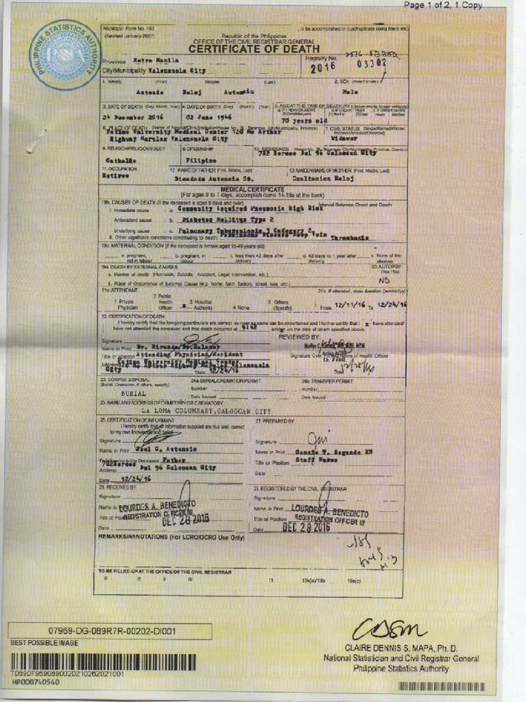 Tatay Death Certificate Page 1 | PDF