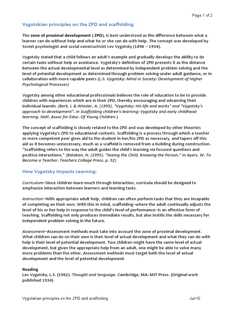 Vygotsky's ZPD and Scaffolding Explained | PDF | Behavior Modification ...