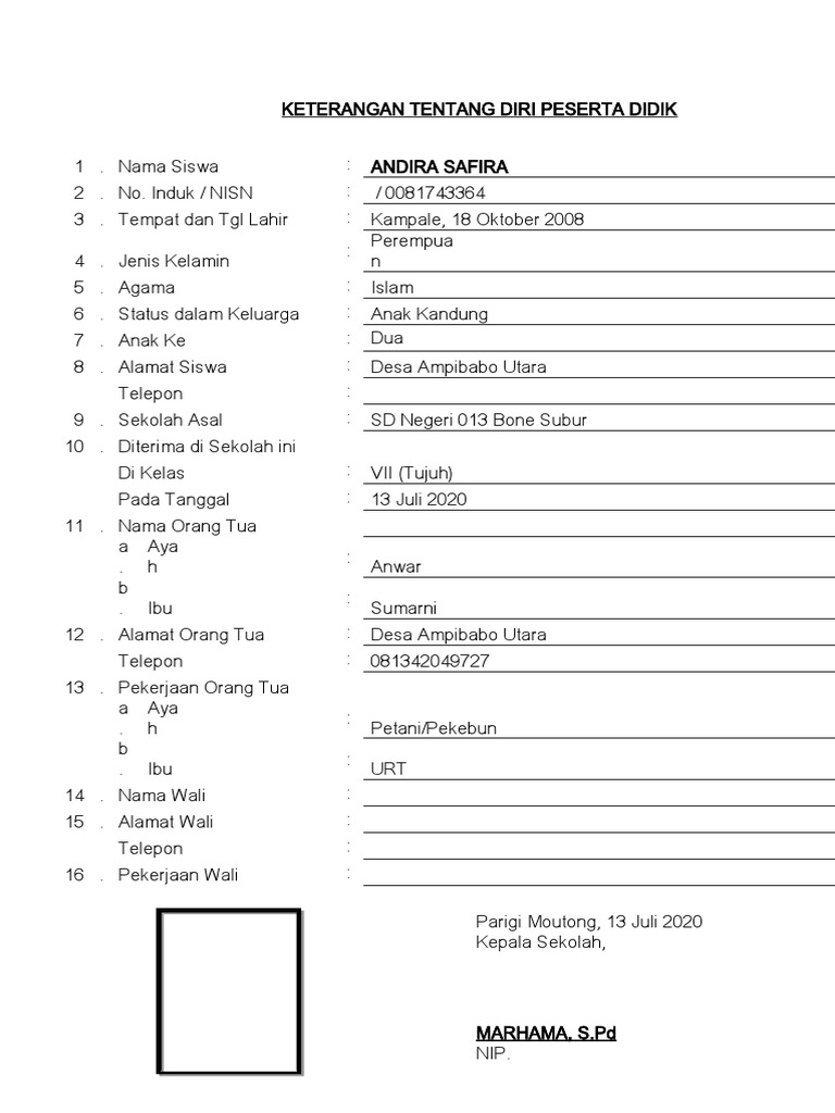 Biodata Andira Safira | PDF