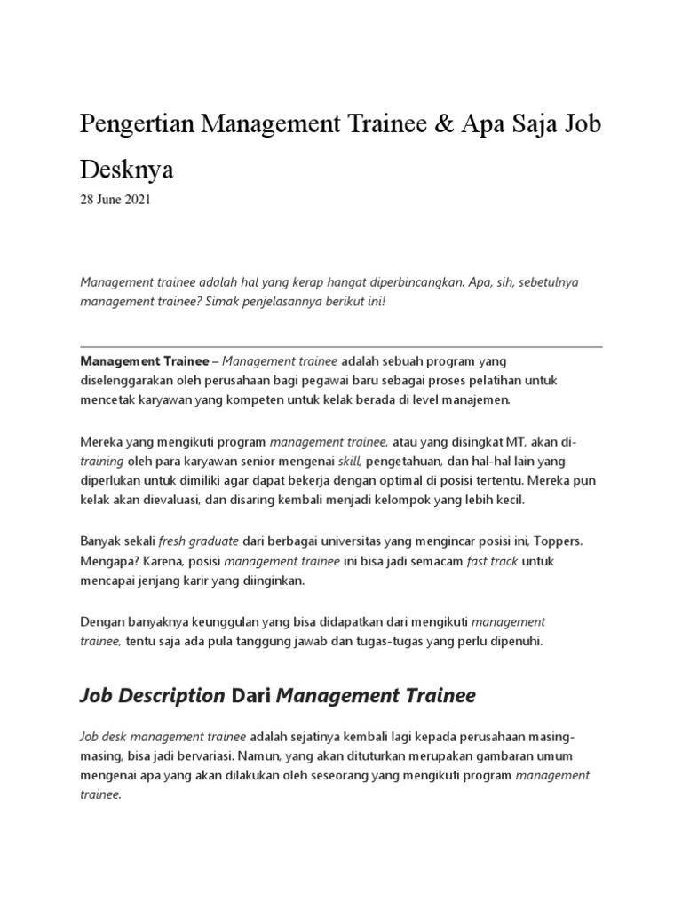 Job Desk dan Pengertian Management Trainee | PDF