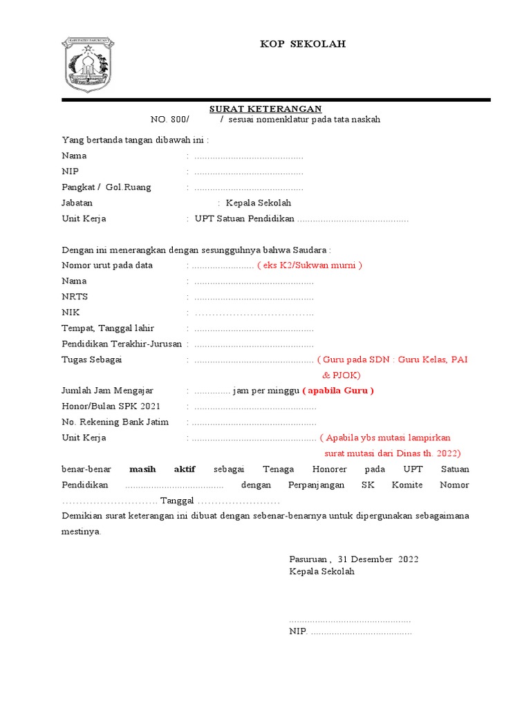 Contoh Surat Keterangan Aktif Sebagai Tenaga Honorer (Sukwan Murni ...