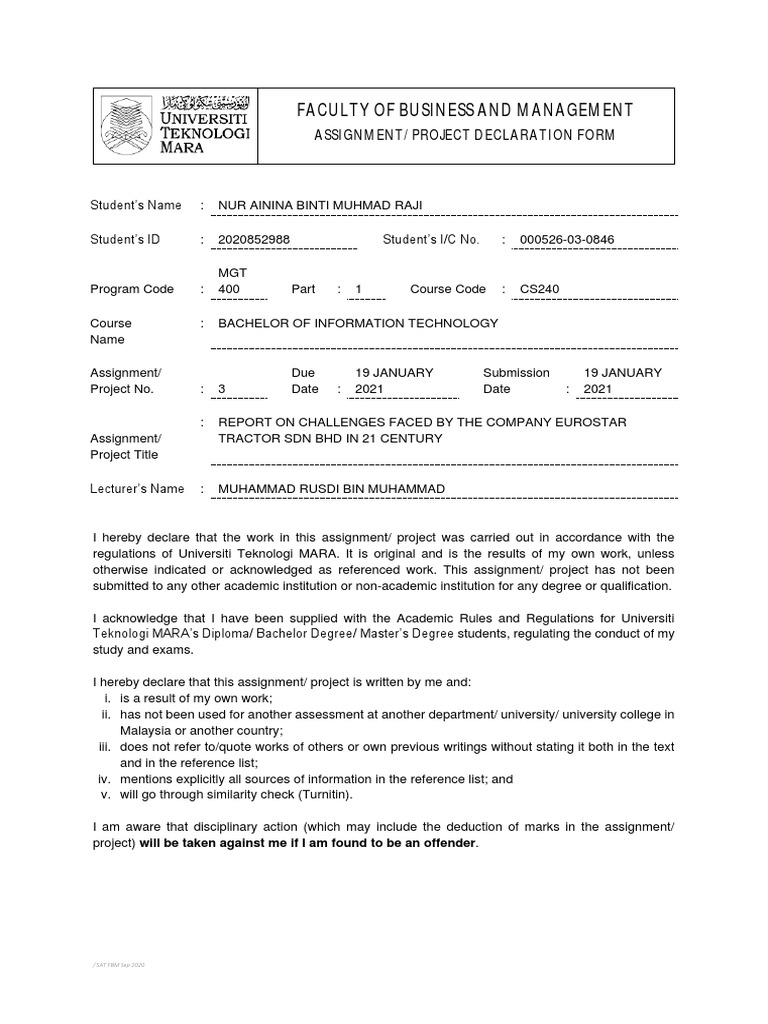 Assignment Project Declaration Form - FINAL | PDF | Finance & Money Management