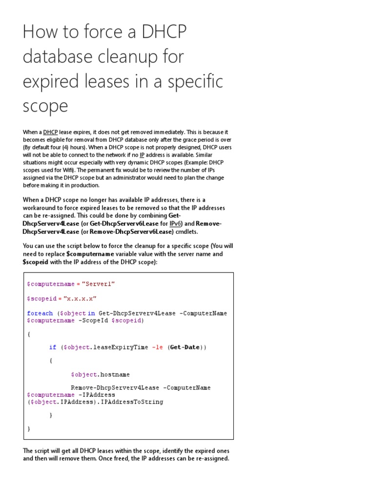 How To Force A DHCP Database Cleanup For Expired Leases in A Specific ...