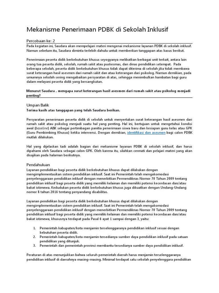 H2 Mekanisme Penerimaan PDBK Di Sekolah Inklusif H2 | PDF