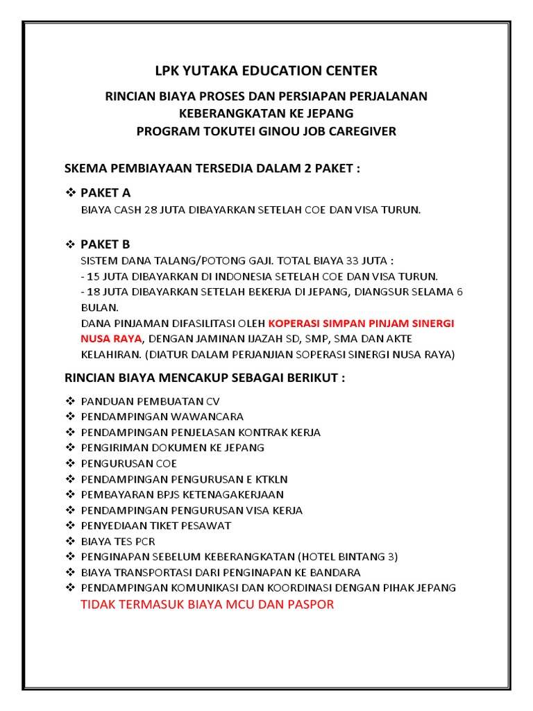 Yec-Biaya TG Kaigo Agustus 2022 | PDF