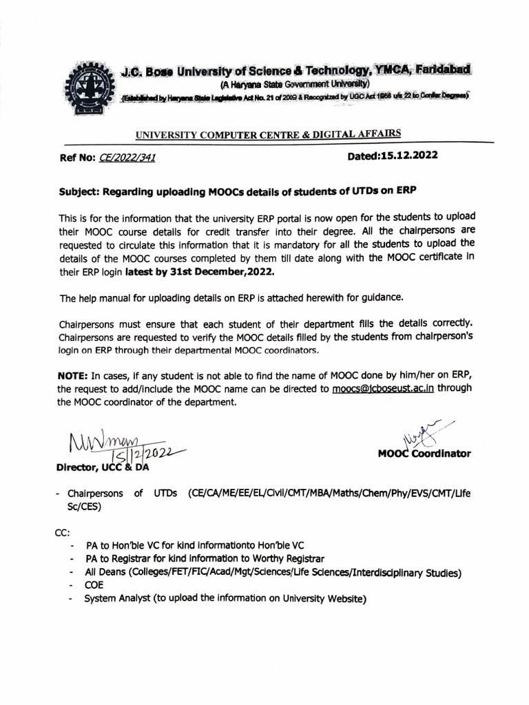 Notice For Uploading Mooc Details For UTDs On ERP | PDF | Massive Open Online Course | Computing