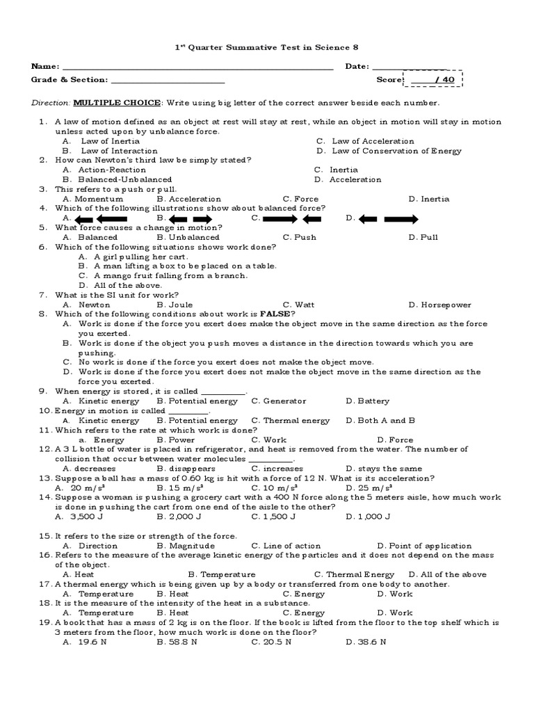G8 Science 1st Quarter Summative Exam | PDF | Force | Light