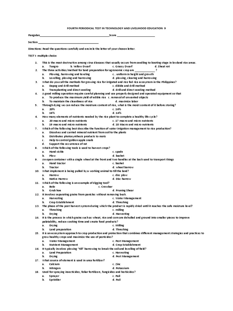 4rt Periodical Test | PDF | Rice | Agriculture