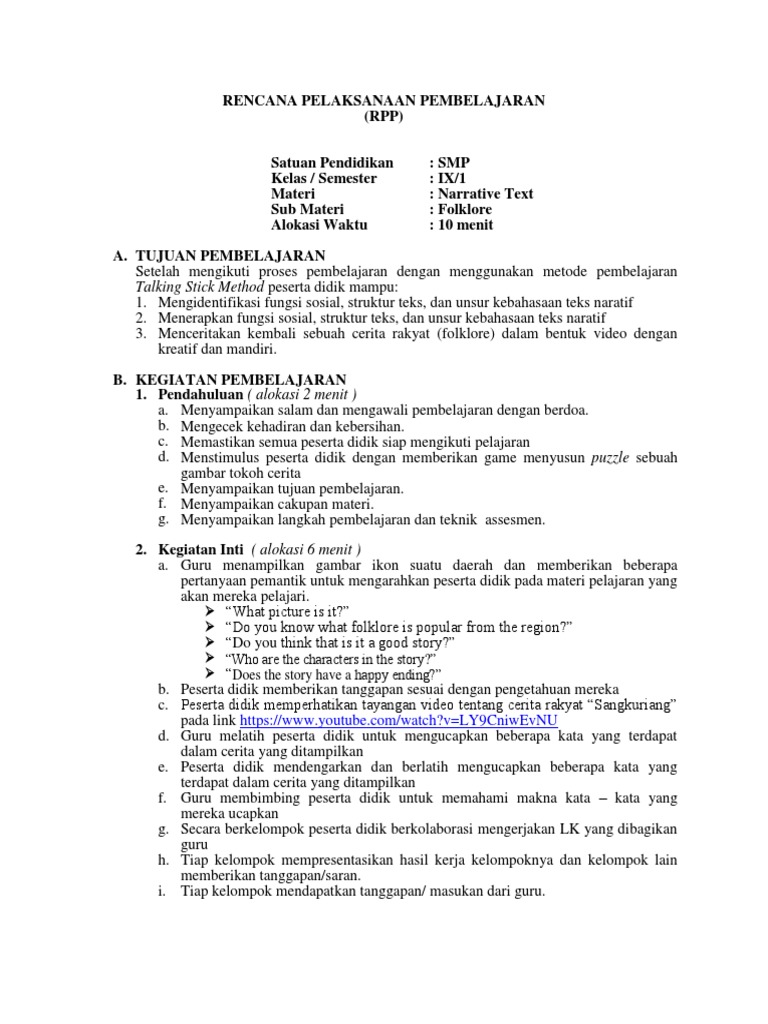 Contoh RPP Narrative Text Sangkuriang | PDF