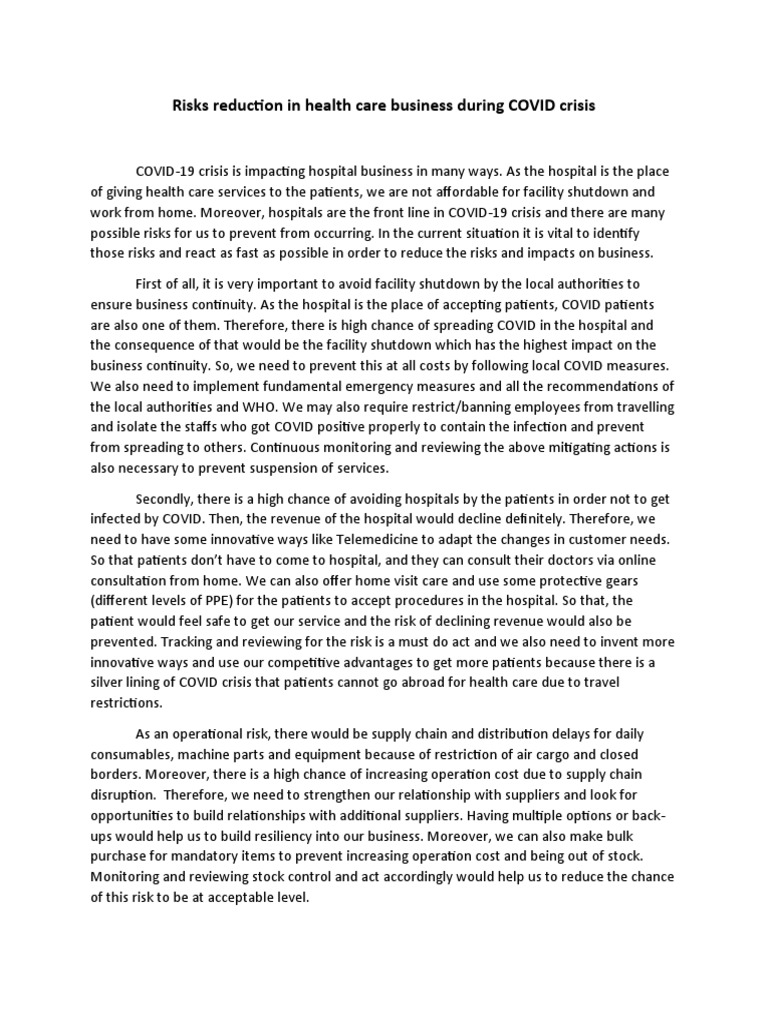 Risks Reduction in COVID Crisis by Dr. Zayar Naing | PDF | Hospital | Risk