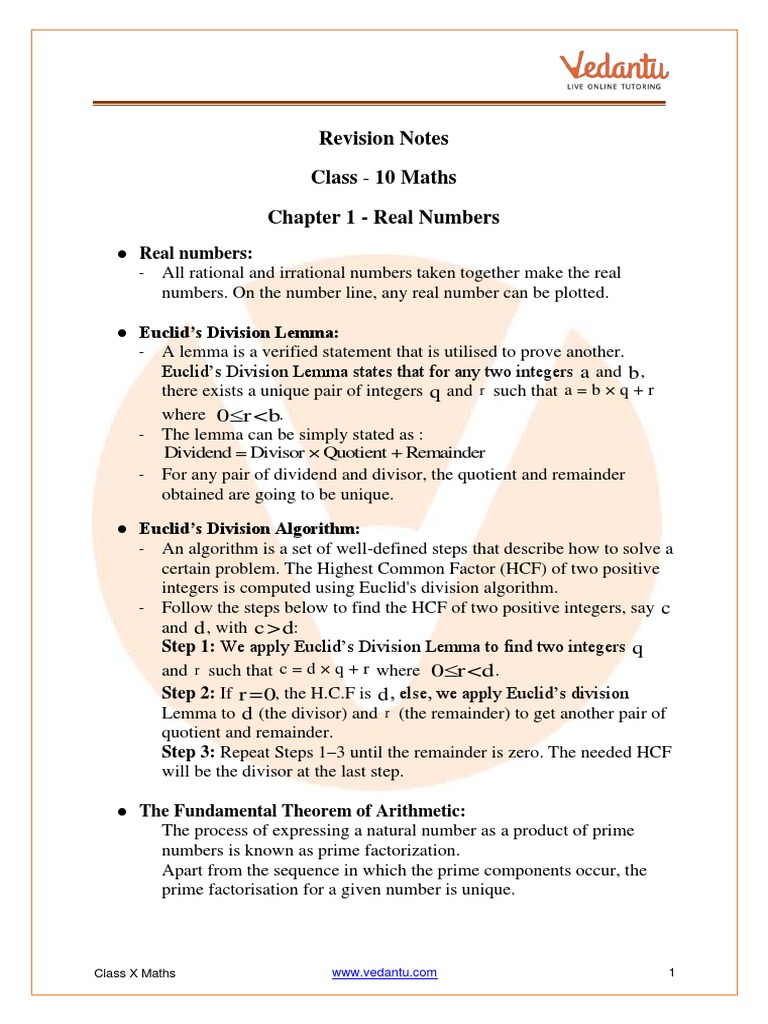 Revision Notes 2022 For CBSE Class 10 Maths Real Numbers PDF Download